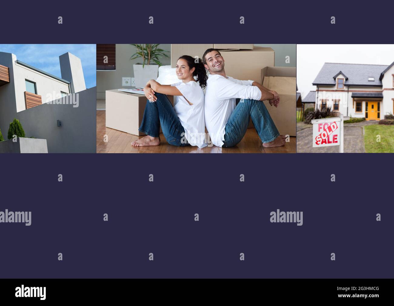 Composition of happy couple moving house, property and sold house on ...