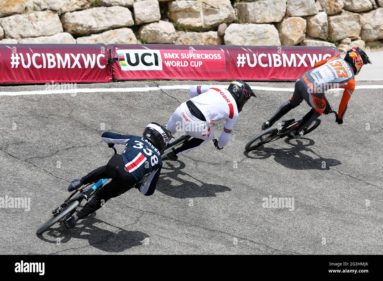Niek KIMMANN of the Netherlands (313) leads the pack in the UCI BMX ...