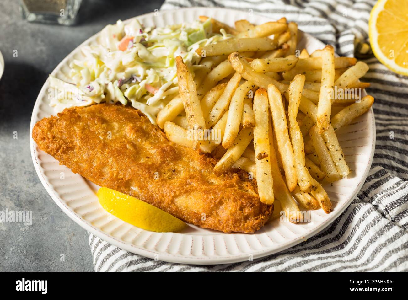 Homemade Fried Fish Dinner with Coleslaw and French Fries Stock Photo ...