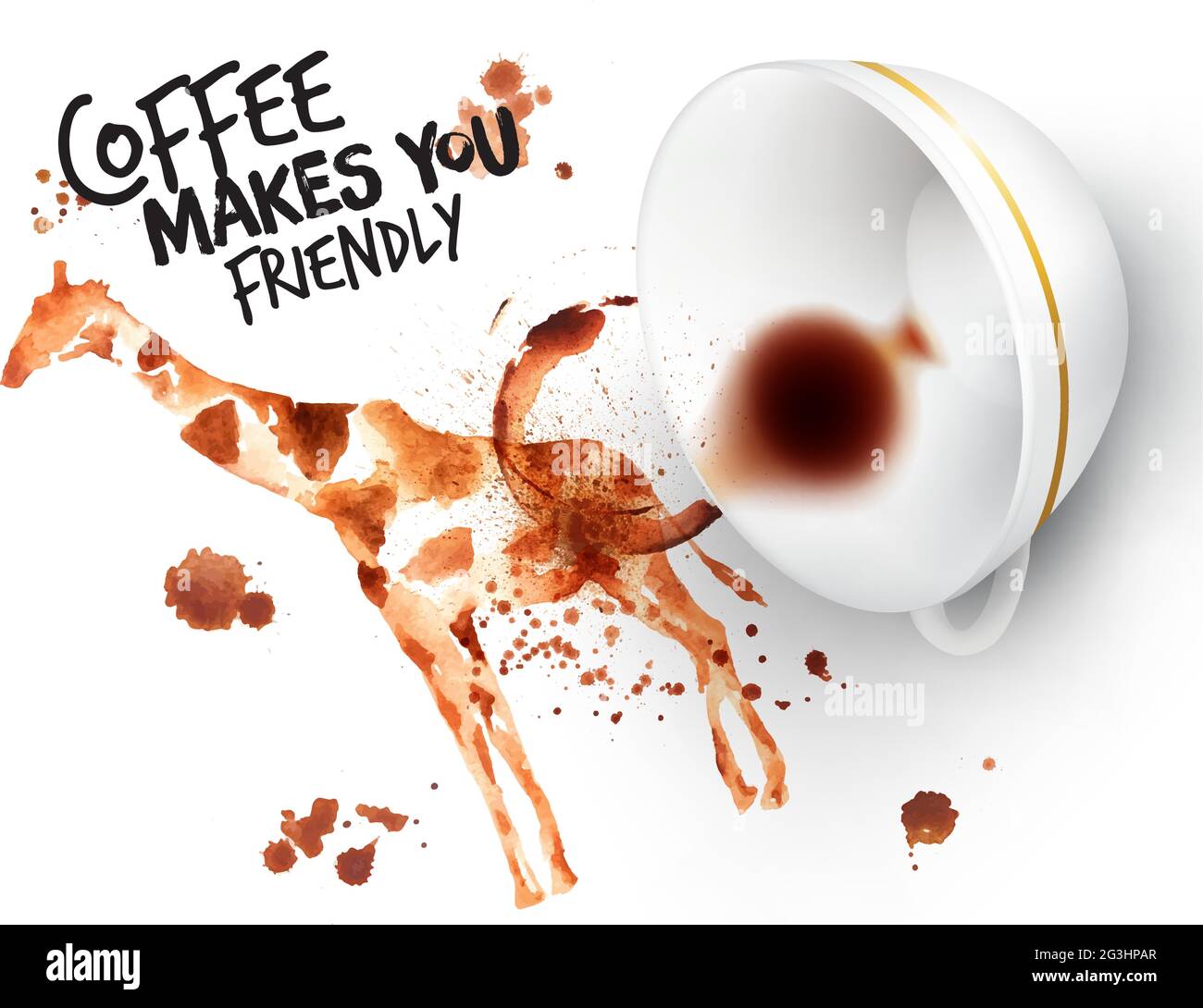 Poster drawn coffee imprint of giraffe and inverted cup with spilled ...