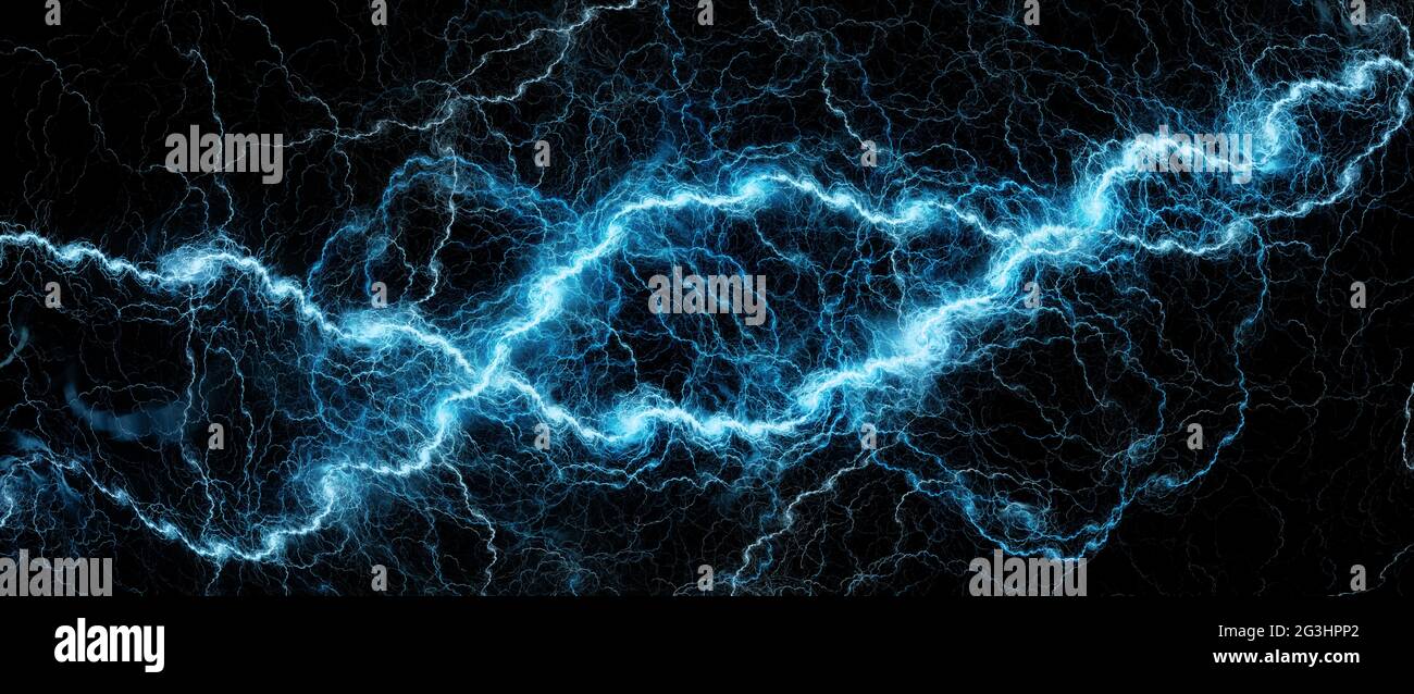 Blue glowing dual lightning banner, computer generated abstract ...