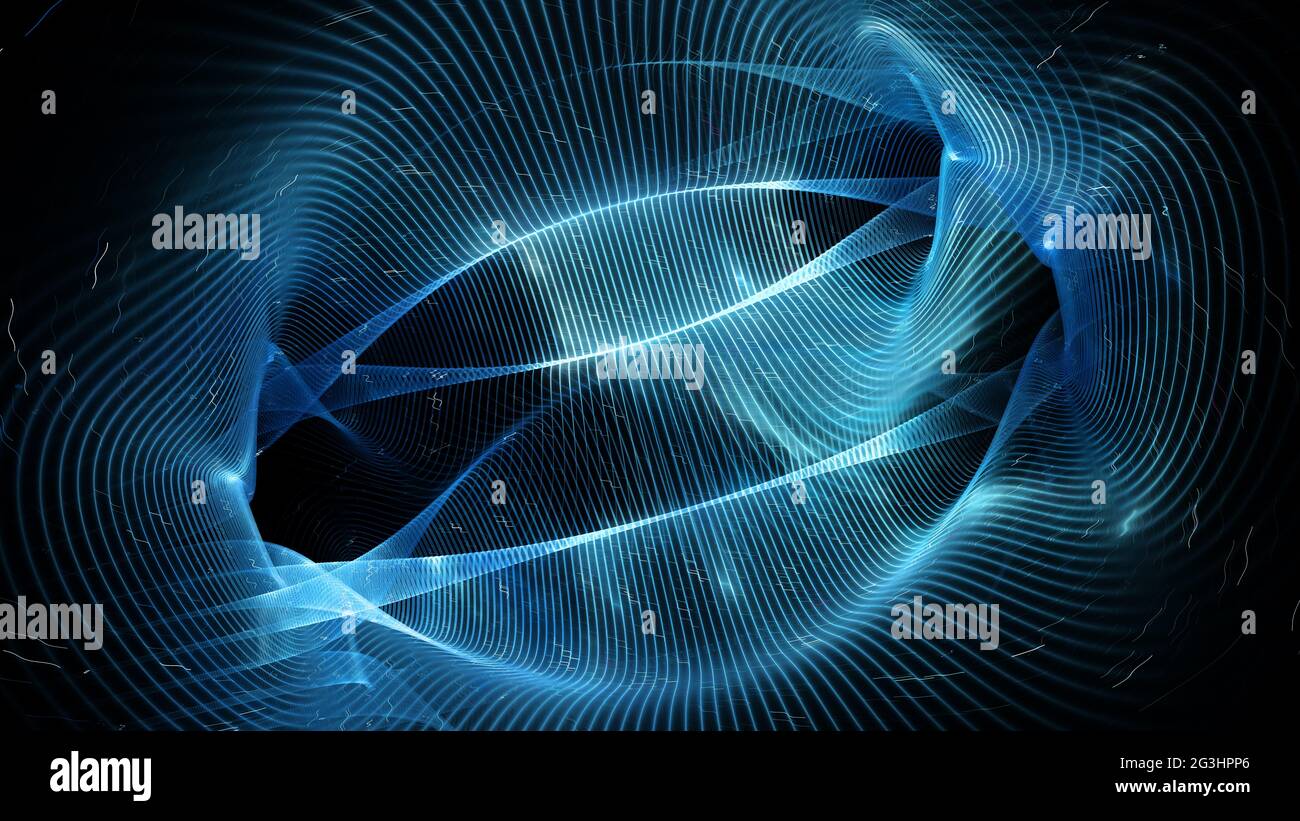 Blue glowing interstellar quantum strings of wormhole in space, computer generated abstract ...