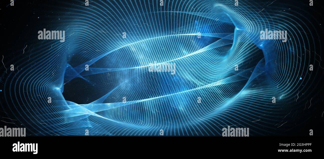 Blue glowing quantum tunnels with correlation in space, computer ...