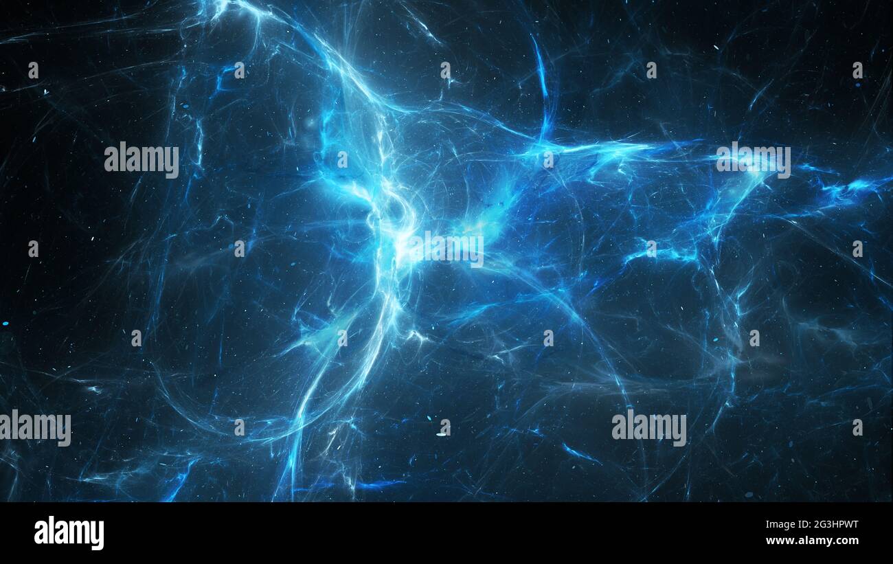 Blue glowing multidimensional plasma force field in space, dark matter and energy, computer ...