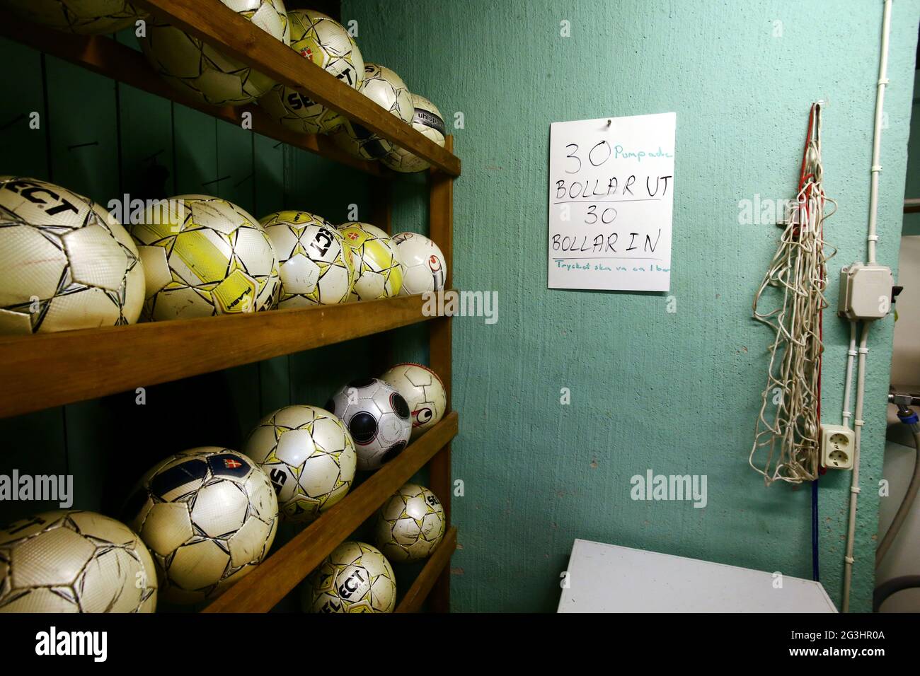 Soccer balls in a ball storage belonging to a football club Stock Photo ...