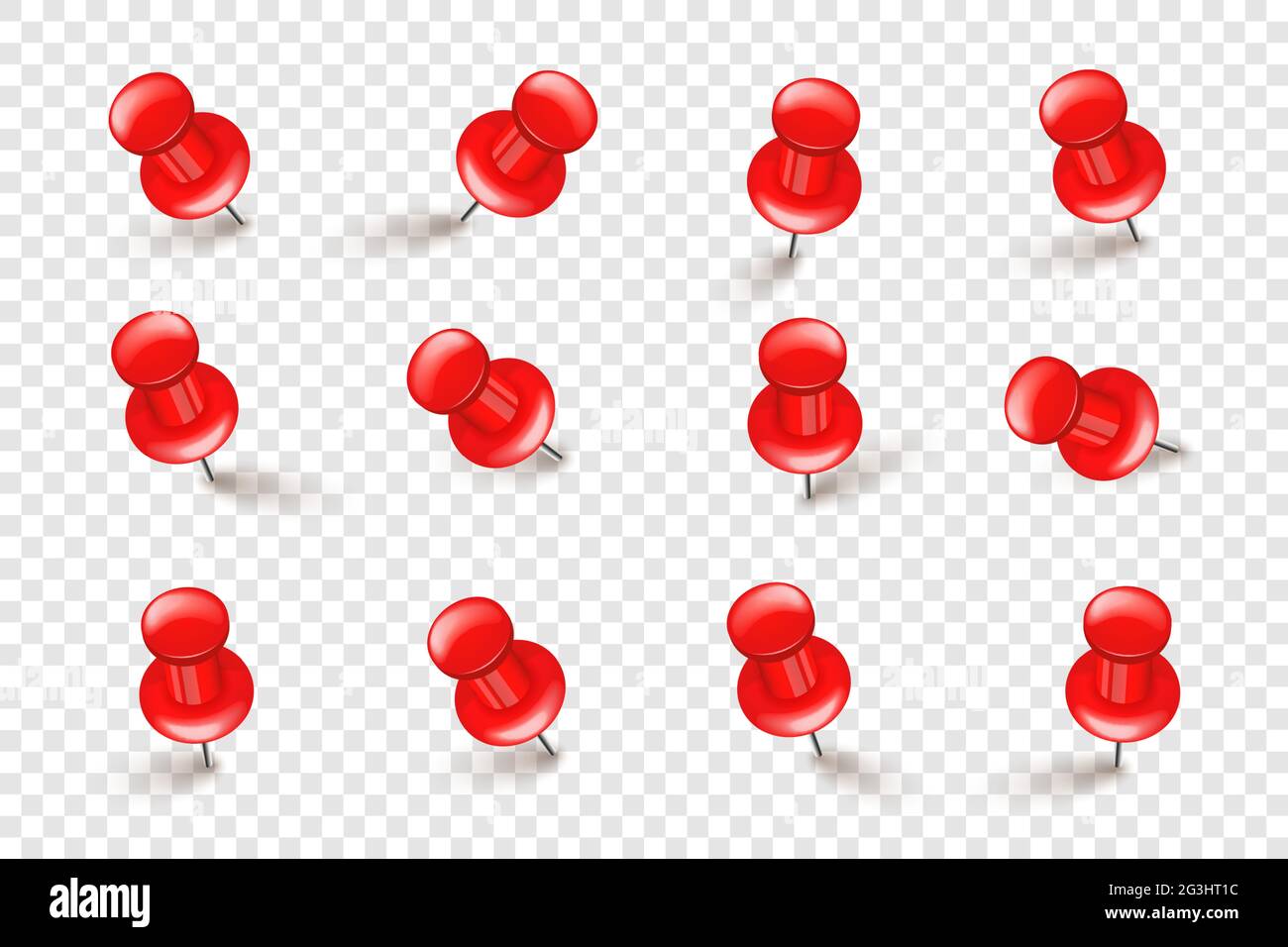 Realistic red push pins. Board tacks isolated on transparent background ...