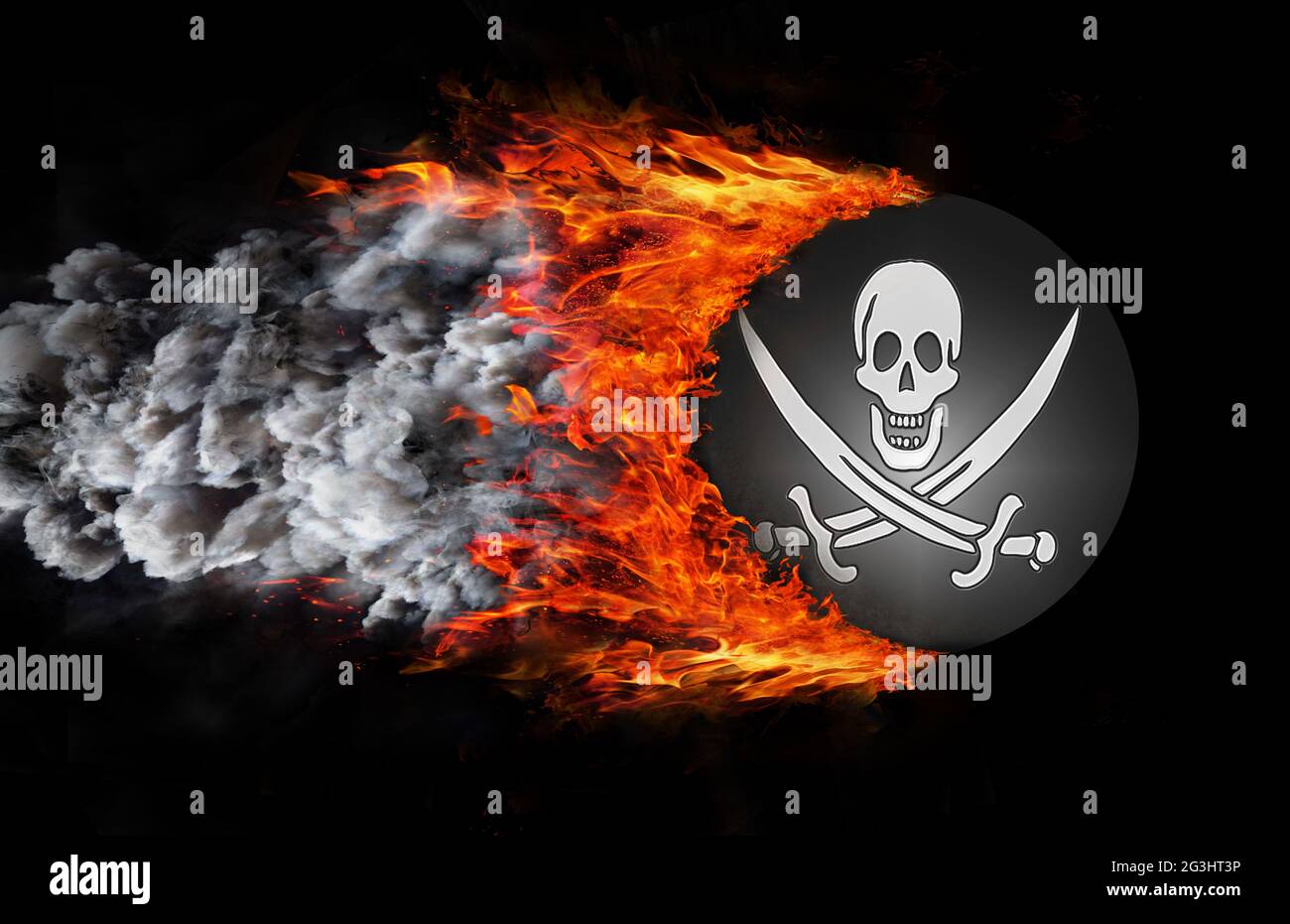 Flag with a trail of fire and smoke - Pirate Stock Photo - Alamy