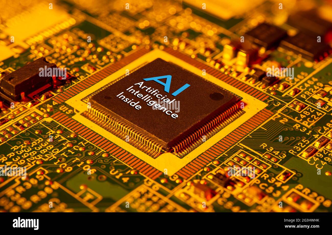 Artificial Intelligence inside concept on computer chip closeup view ...