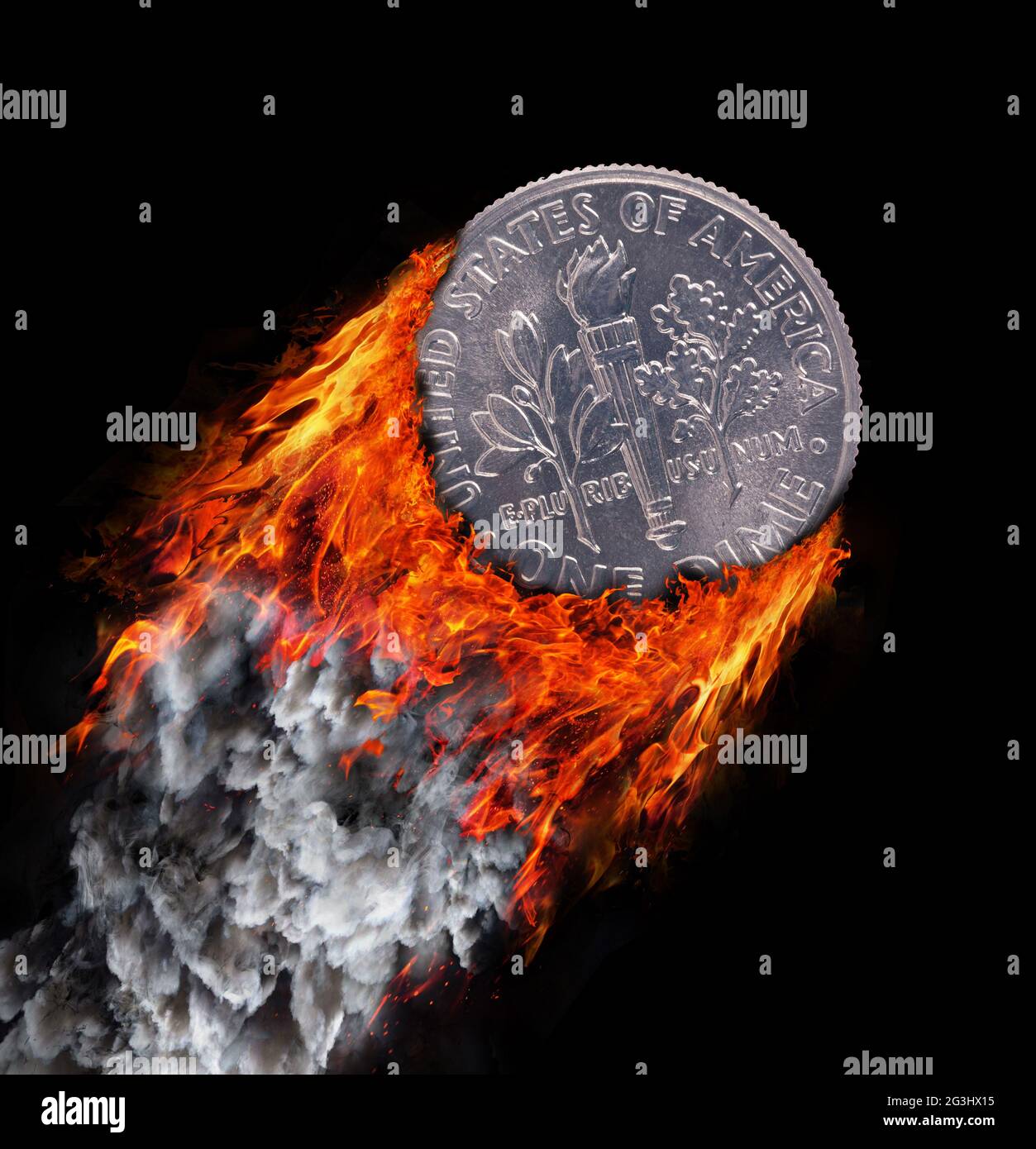 Burning coin with a trail of fire and smoke Stock Photo - Alamy