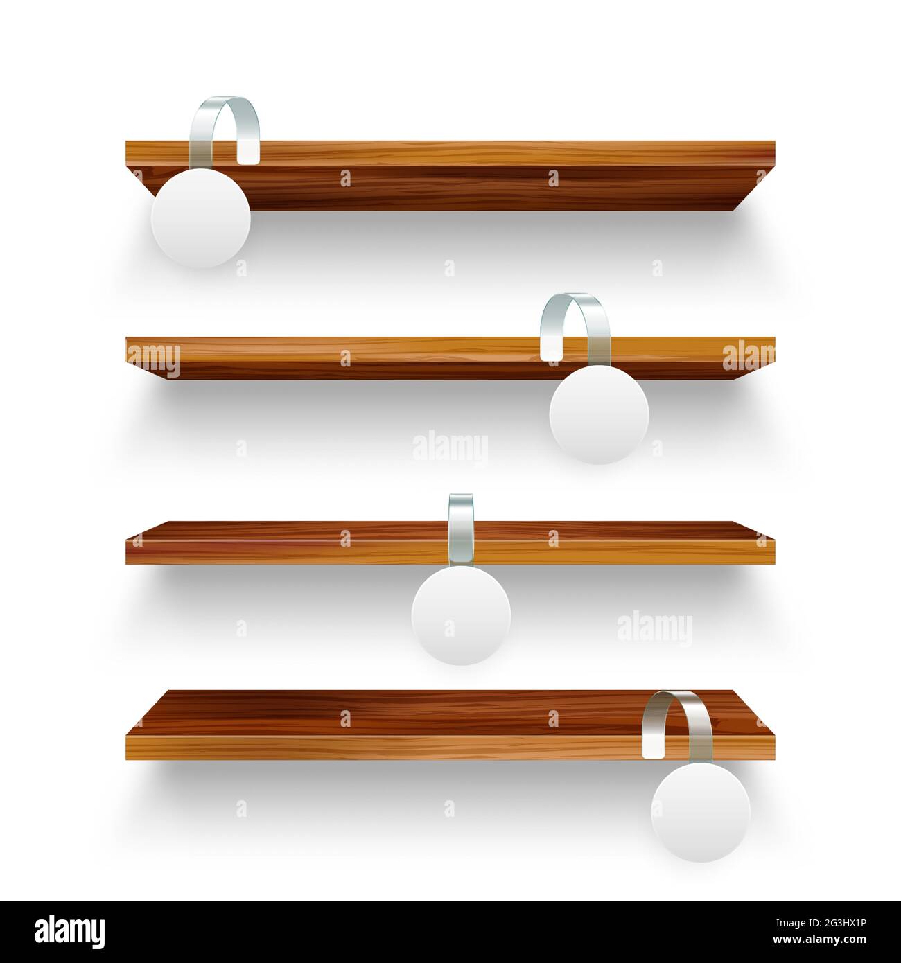Wooden store shelves and supermarket promotional wobblers isolated on ...