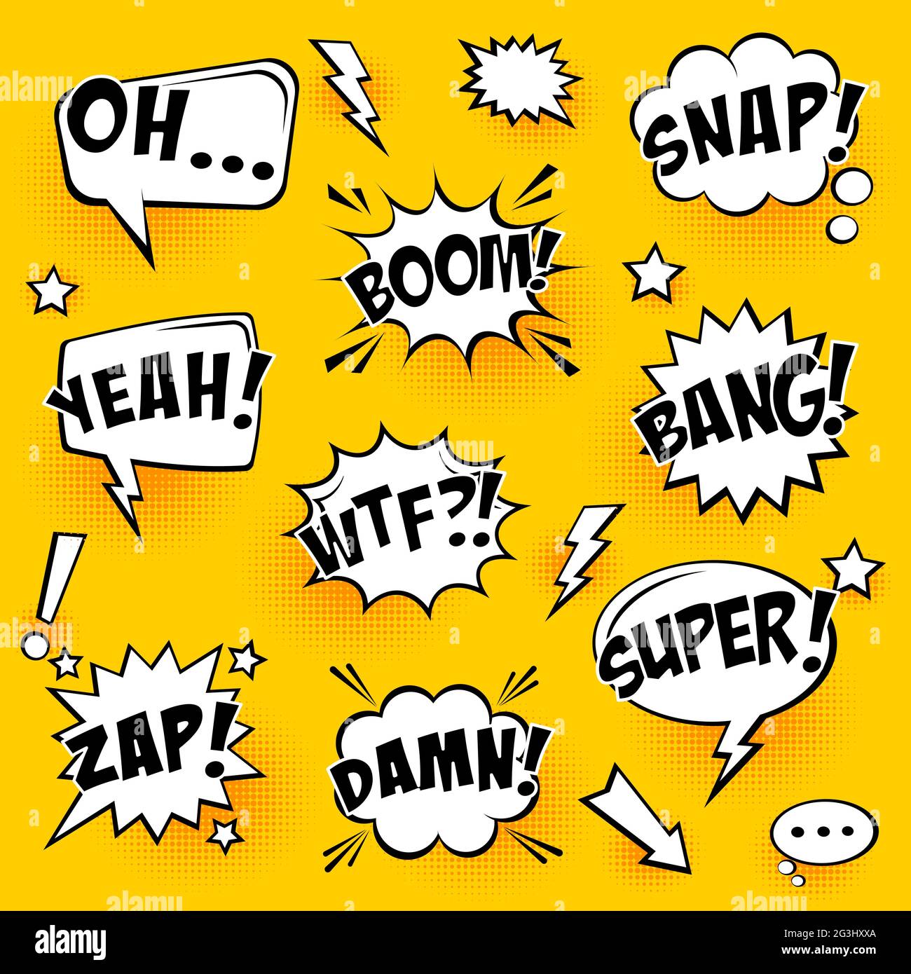 Comic speech bubbles with halftone shadows and text on yellow ...
