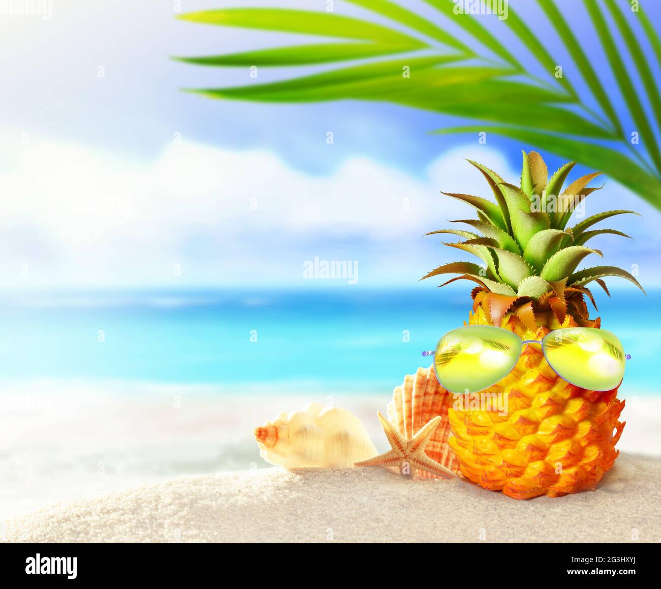 Pineapple with sunglasses and palm in the beach. Summer beach concept ...
