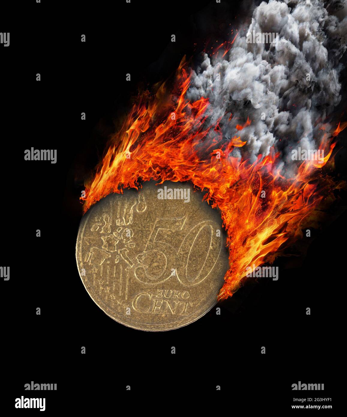 Burning coin with a trail of fire and smoke Stock Photo - Alamy