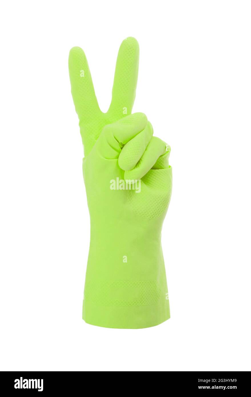 Green cleaning glove, victory sign Stock Photo - Alamy