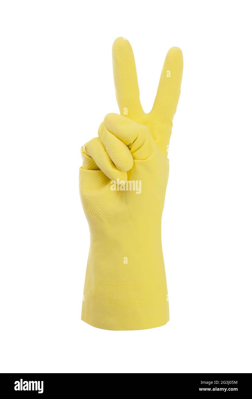 Yellow cleaning glove, victory sign Stock Photo - Alamy
