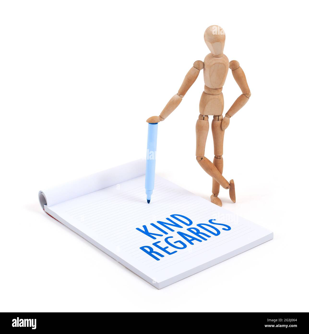 Wooden mannequin writing - Kind regards Stock Photo - Alamy