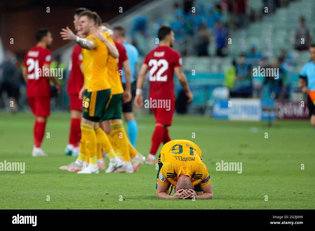 Joe Morrell of Wales reacts after winning the UEFA Euro 2020 Group A ...