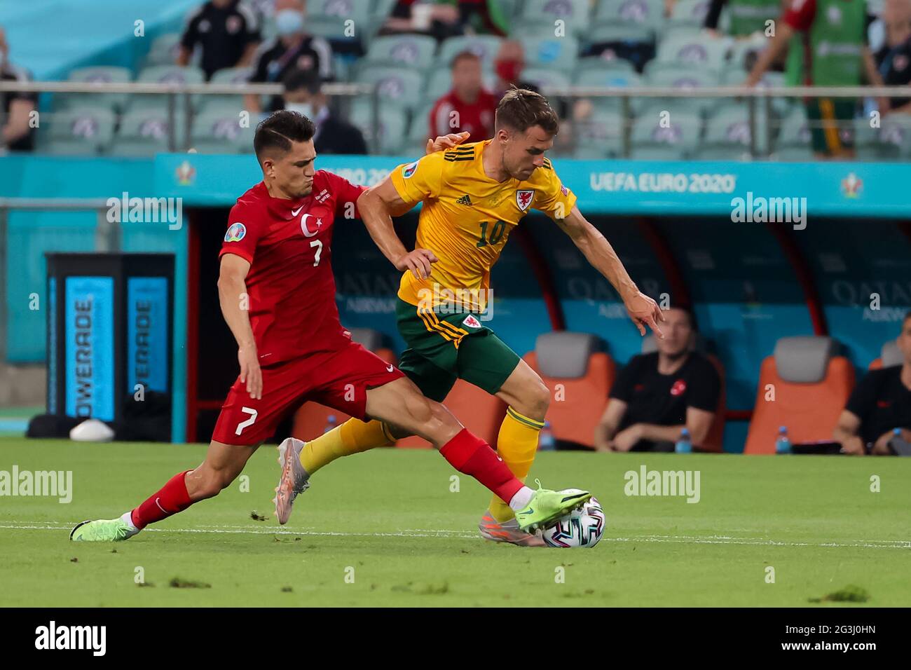 Cengiz Under of Turkey fouls Aaron Ramsey of Wales during the UEFA Euro ...