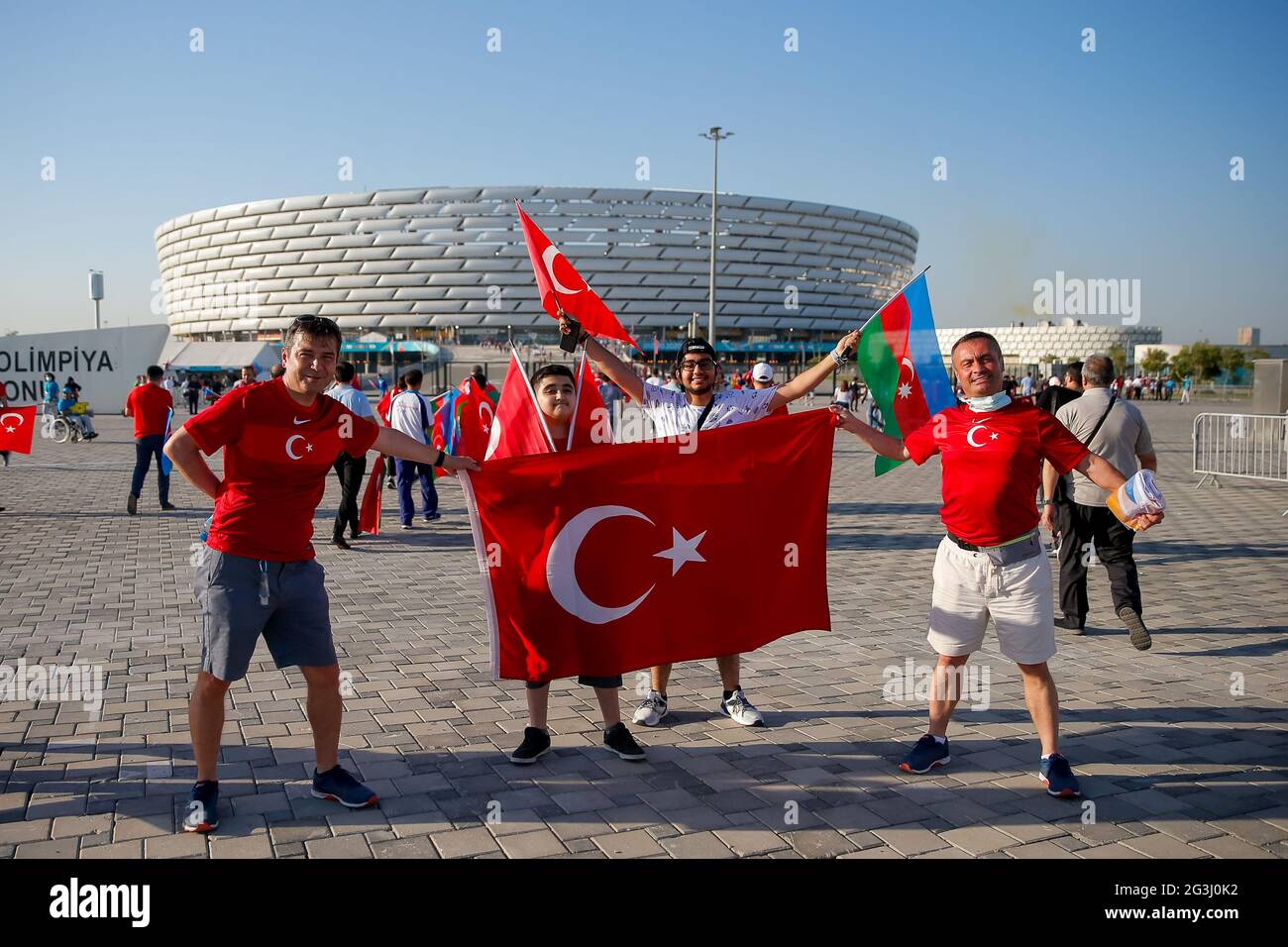 BAKU, AZERBAIJAN - JUNE 16: Turkish fans pose for a photo outside Baku ...