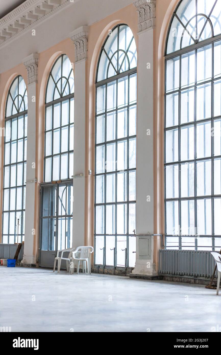 Modern interior represented with French windows Stock Photo - Alamy