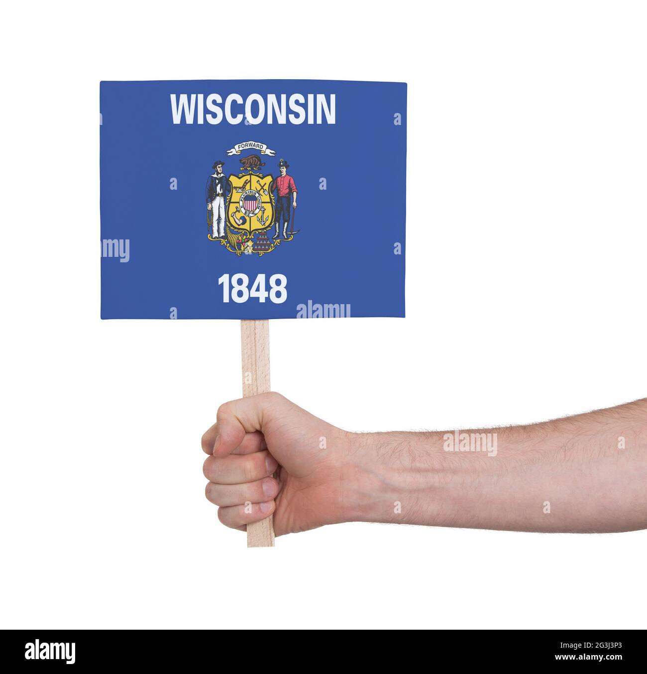 Hand holding small card - Flag of Wisconsin Stock Photo - Alamy