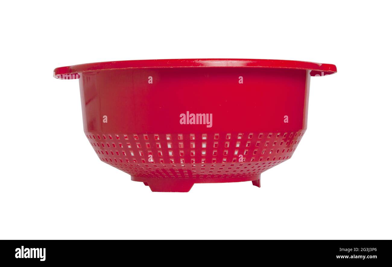 Red empty colander isolated Stock Photo - Alamy