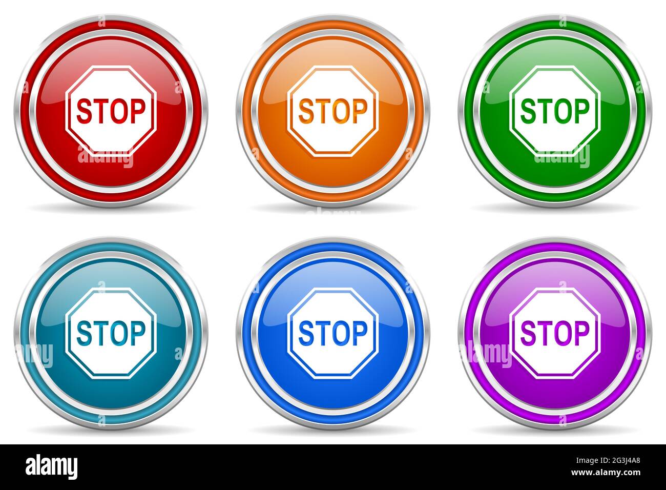 Stop, sign, danger, warning silver metallic glossy icons, set of modern ...