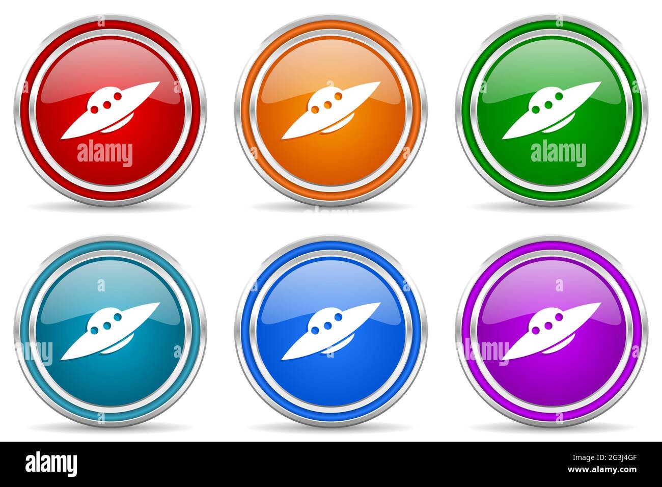 Ufo, alien spaceship silver metallic glossy icons, set of modern design ...