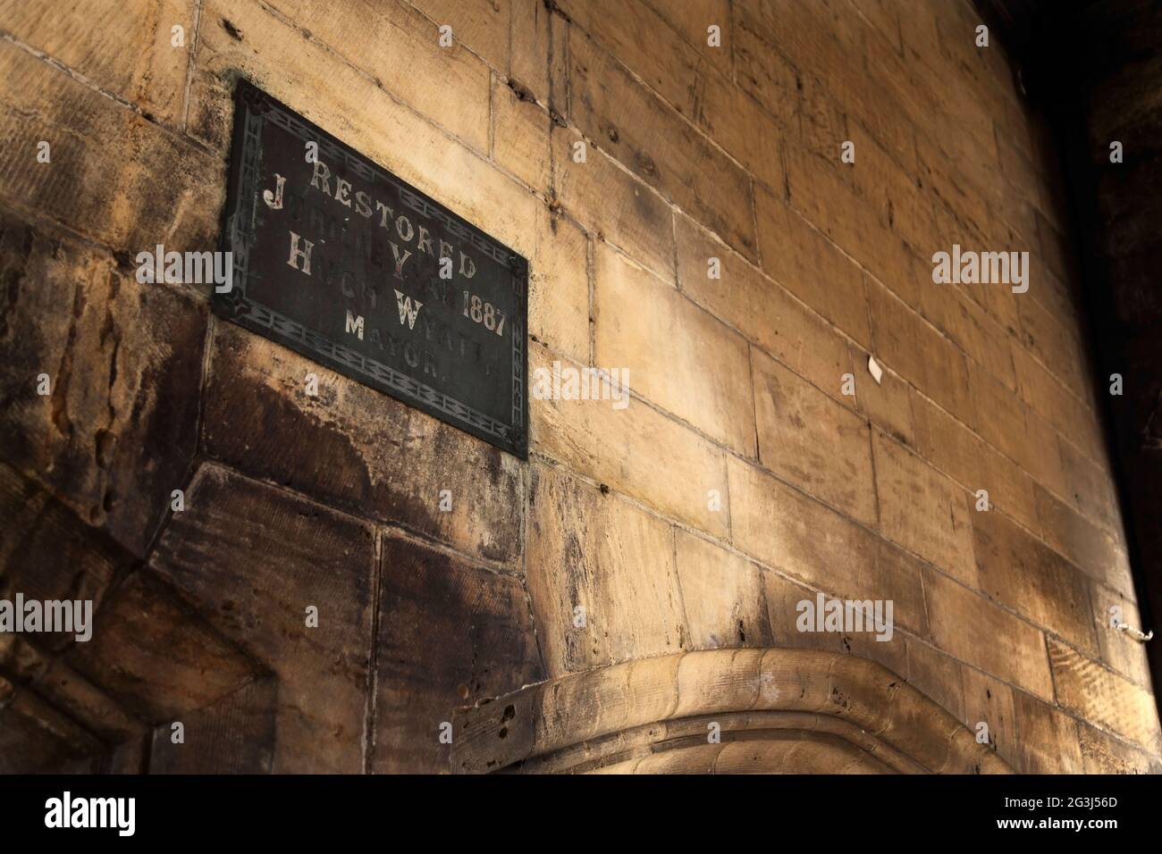 Sign in the Guildhall and Stonebow, Lincoln, UK, commemorating its 1887 ...