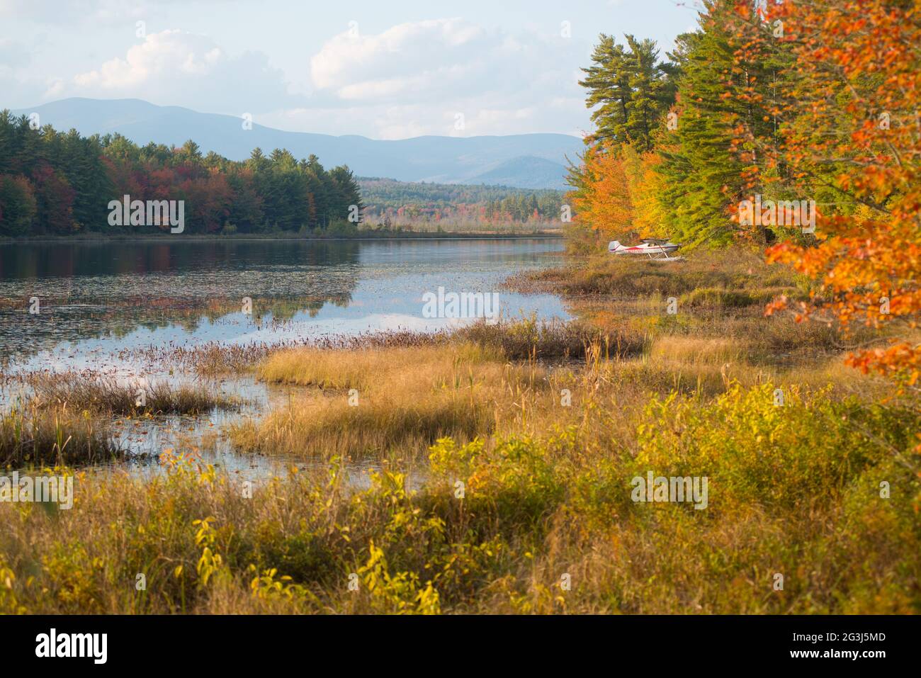 Seaplane on Lake Winnipesaukee in Fall, Meredith, NH, USA Stock Photo ...