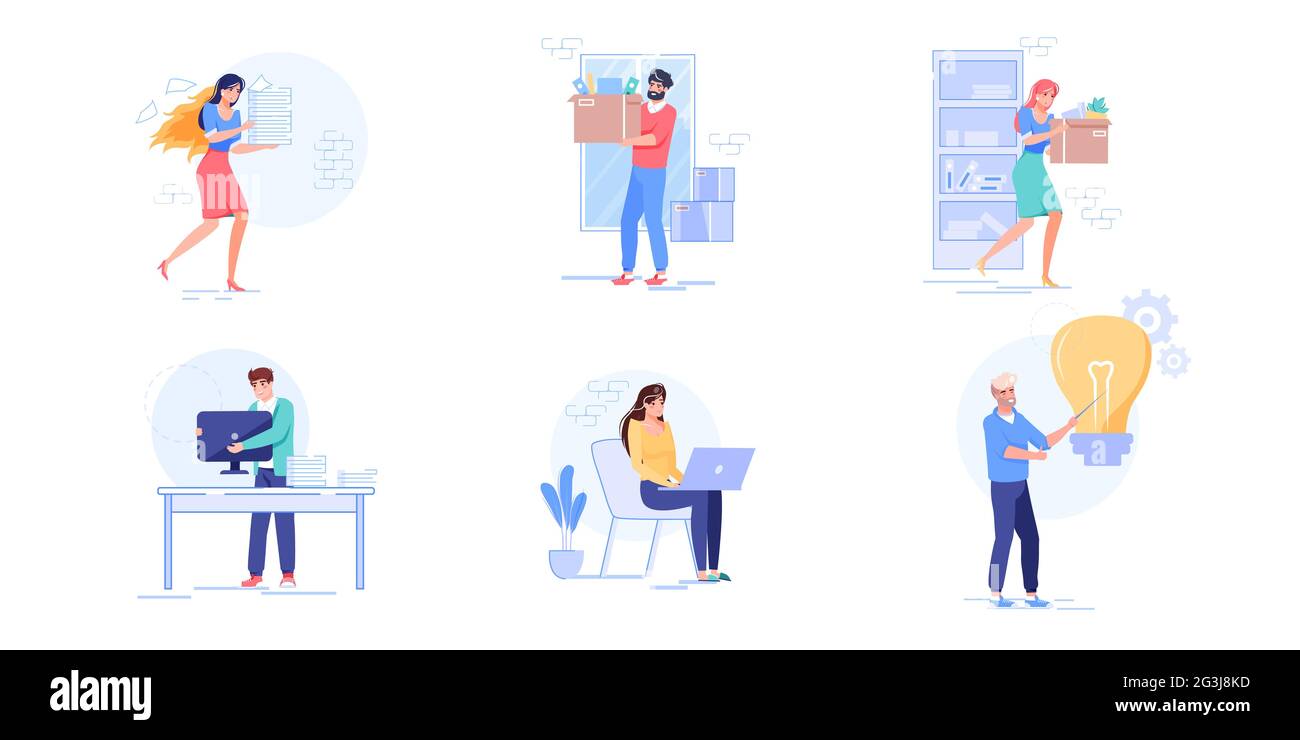 Flat cartoon office employee characters at work set,vector illustration ...