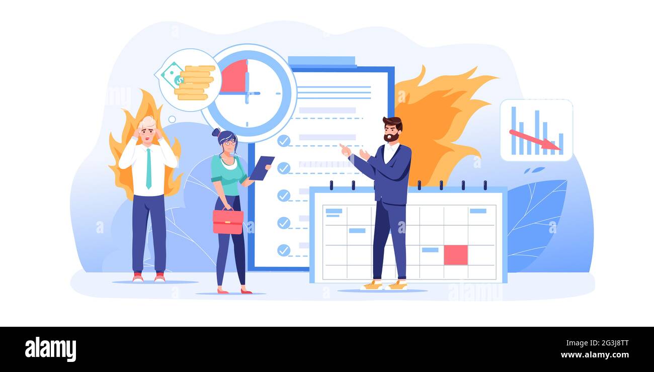 Flat cartoon boss manager employee characters,work conflict vector ...