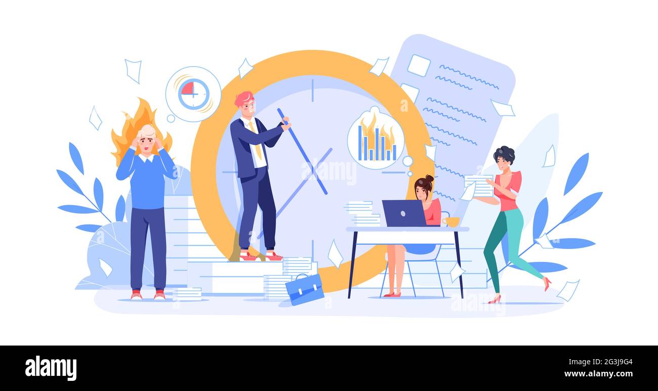 Flat cartoon office employee characters,work stress deadline vector ...