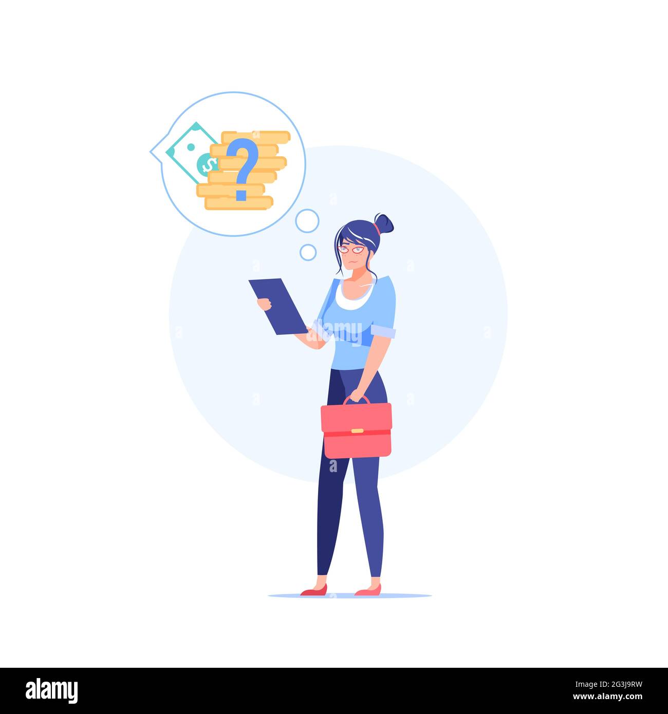 Flat cartoon woman character thinks of finances,money management vector ...
