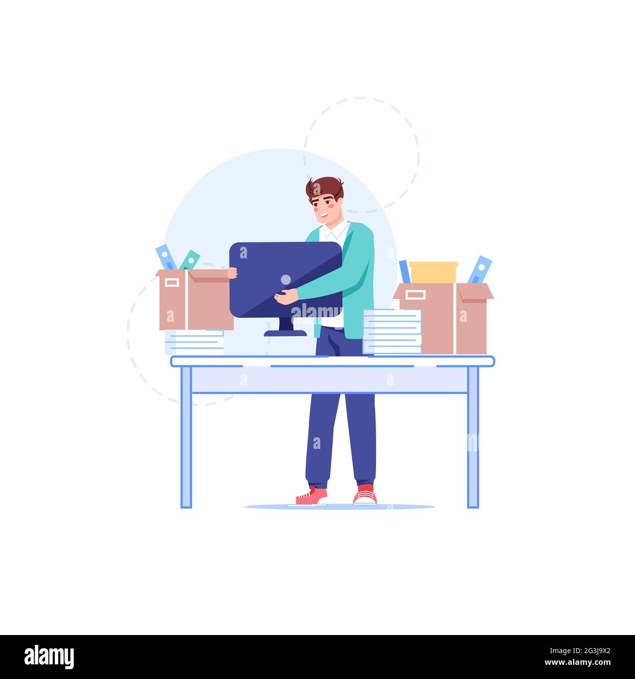 Flat cartoon office character at new office workplace,vector ...