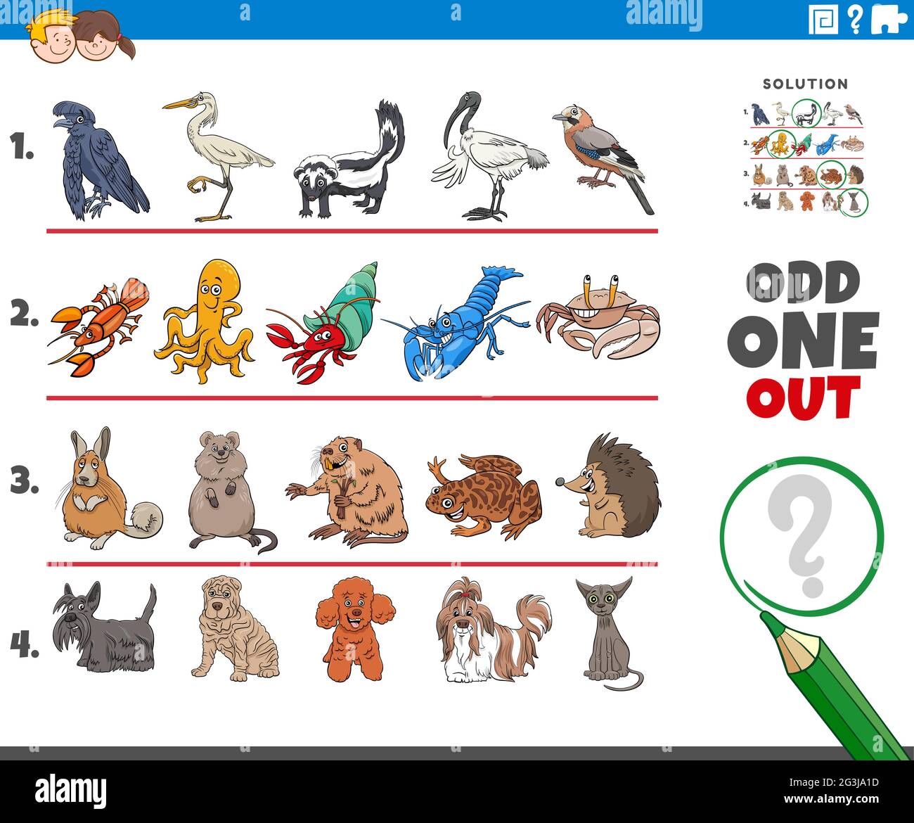 Cartoon illustration of odd one out picture in a row educational task ...