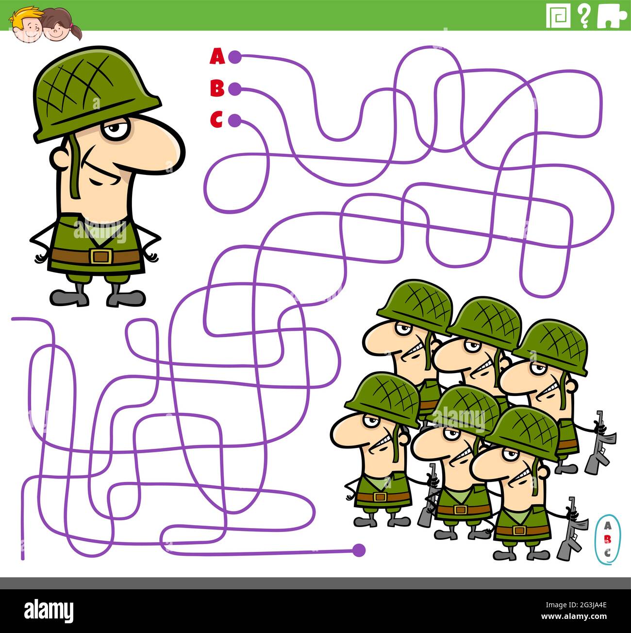 Cartoon illustration of lines maze puzzle game with soldier character ...