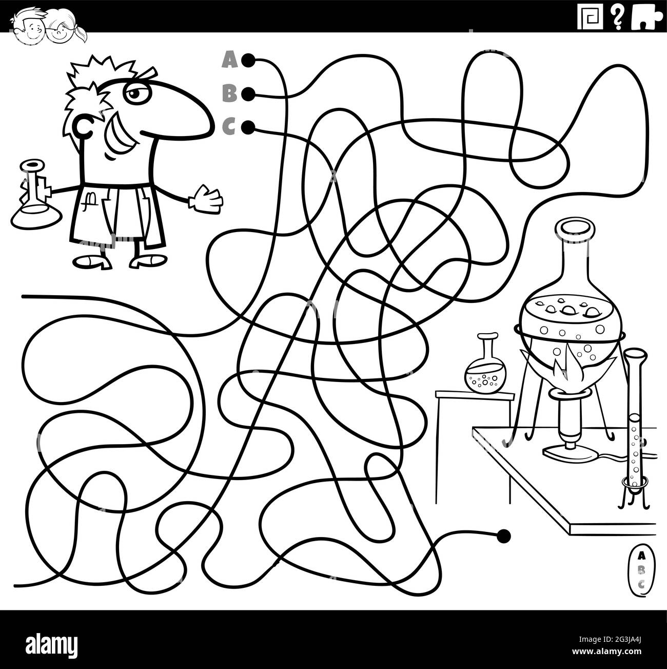 Black and white cartoon illustration of lines maze puzzle game with ...