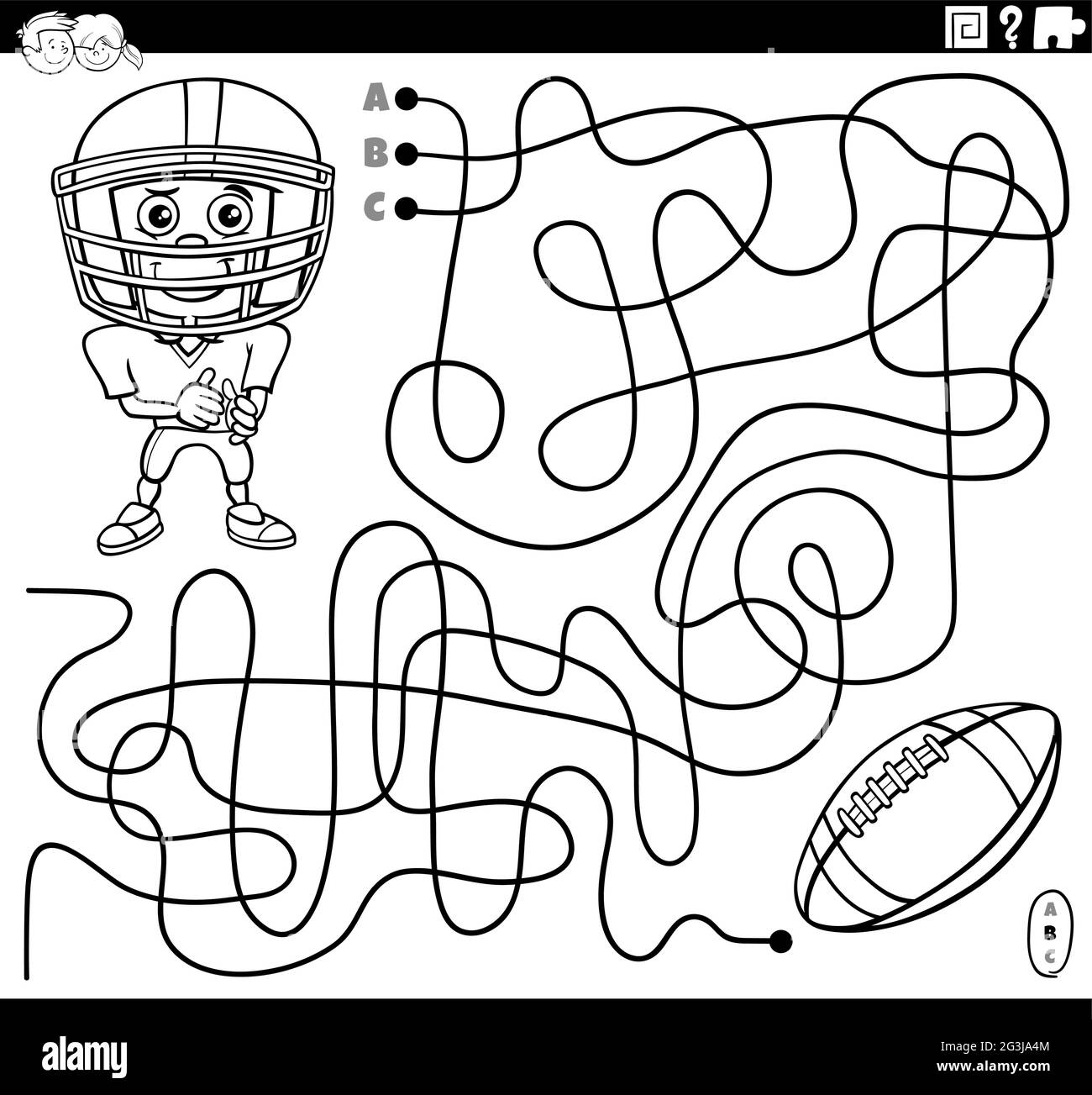 Black and white cartoon illustration of lines maze puzzle game with ...