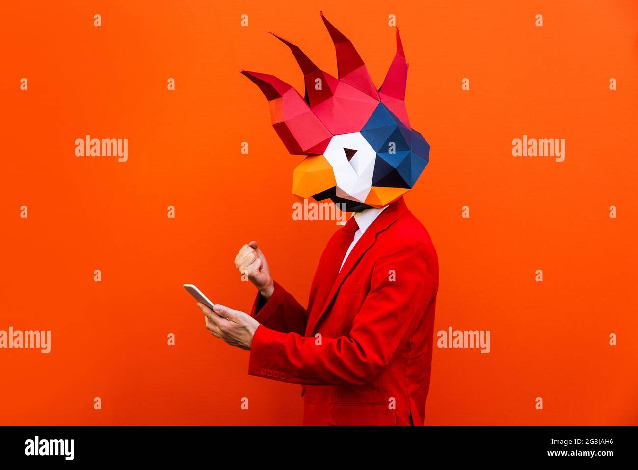 Cool man wearing 3d origami mask with stylish colored clothes ...