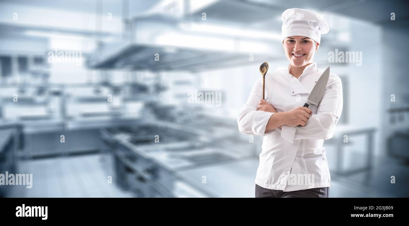 Panoramic banner of a chef with crossed hands holding a knife and a ...