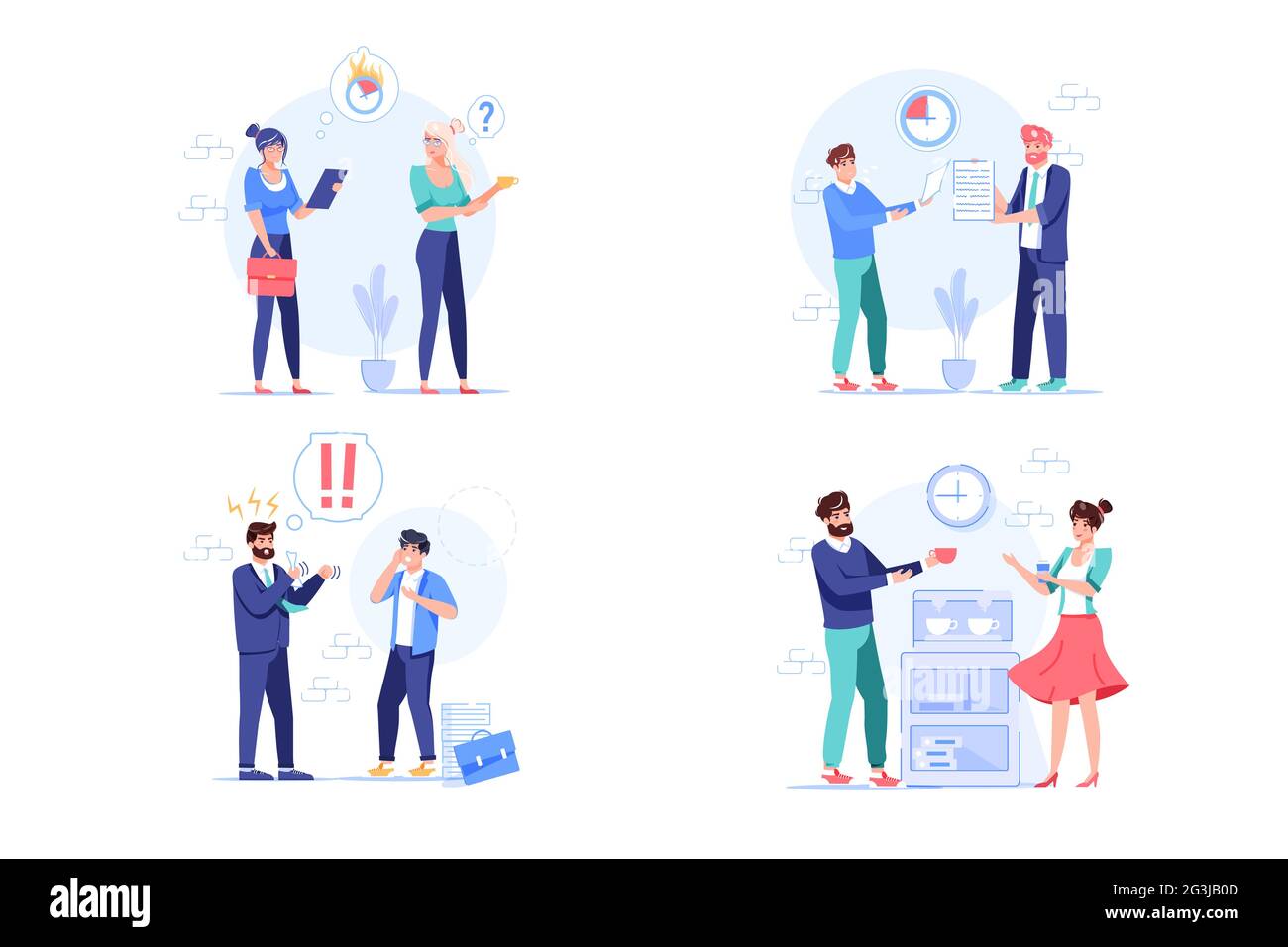 Flat cartoon office employee characters set,workflow scenes vector ...