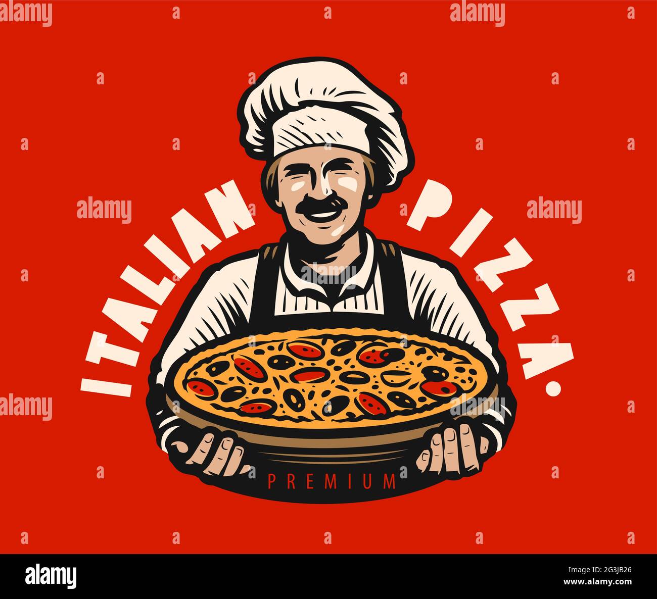 Chef with italian freshly baked pizza. Restaurant logo vector ... Chef with italian freshly baked pizza. Restaurant logo vector ...