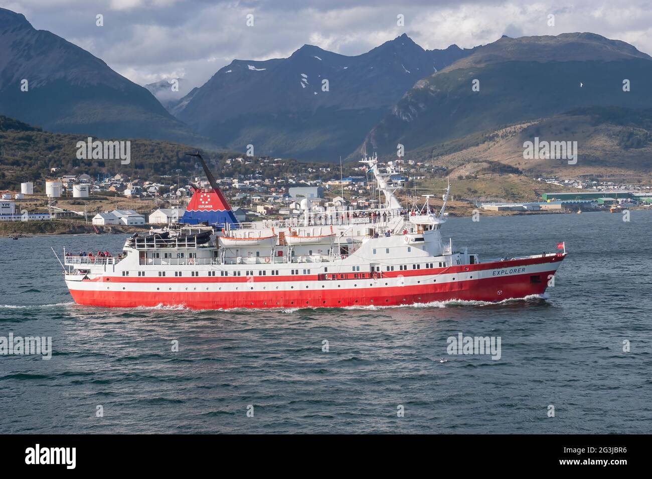 expedition cruise ship Explorer II, leaving Ushuaia, Argentina Stock ...
