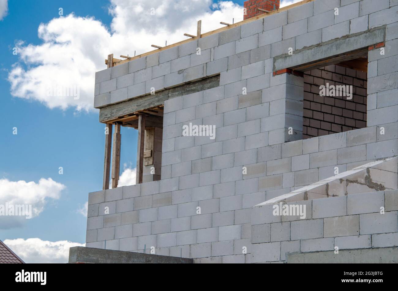 Building site of a house under construction made from white foam blocks ...