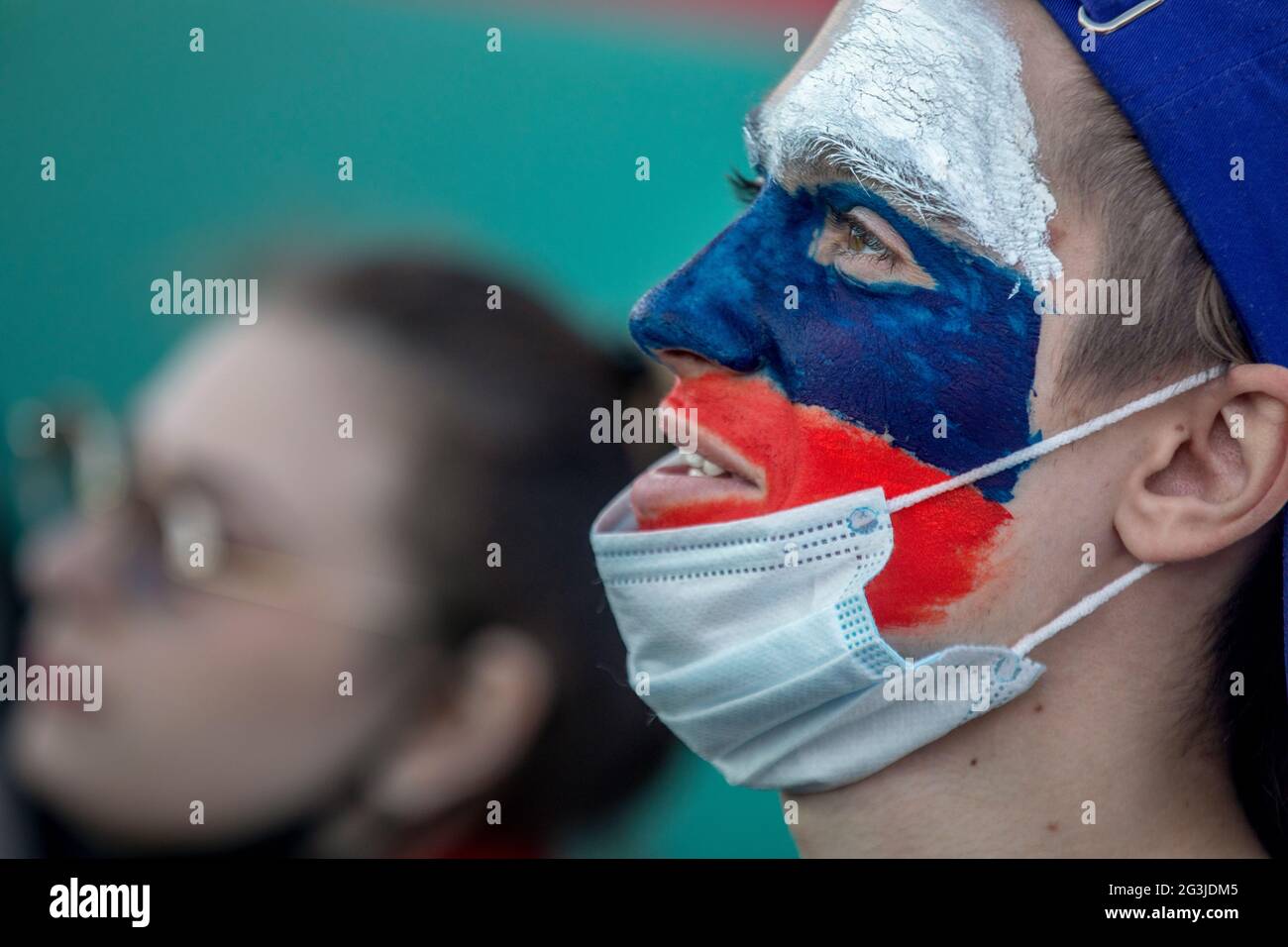 Moscow, Russia. 16th of June, 2021 A football fan wearing face mask ...