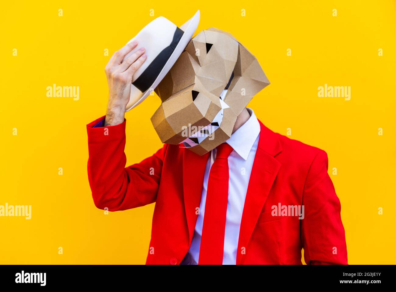 Cool man wearing 3d origami mask with stylish colored clothes ...