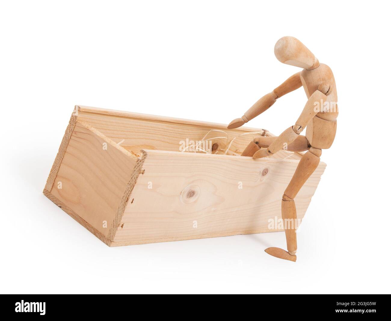 Wood figure mannequin stepping in a wooden box Stock Photo - Alamy
