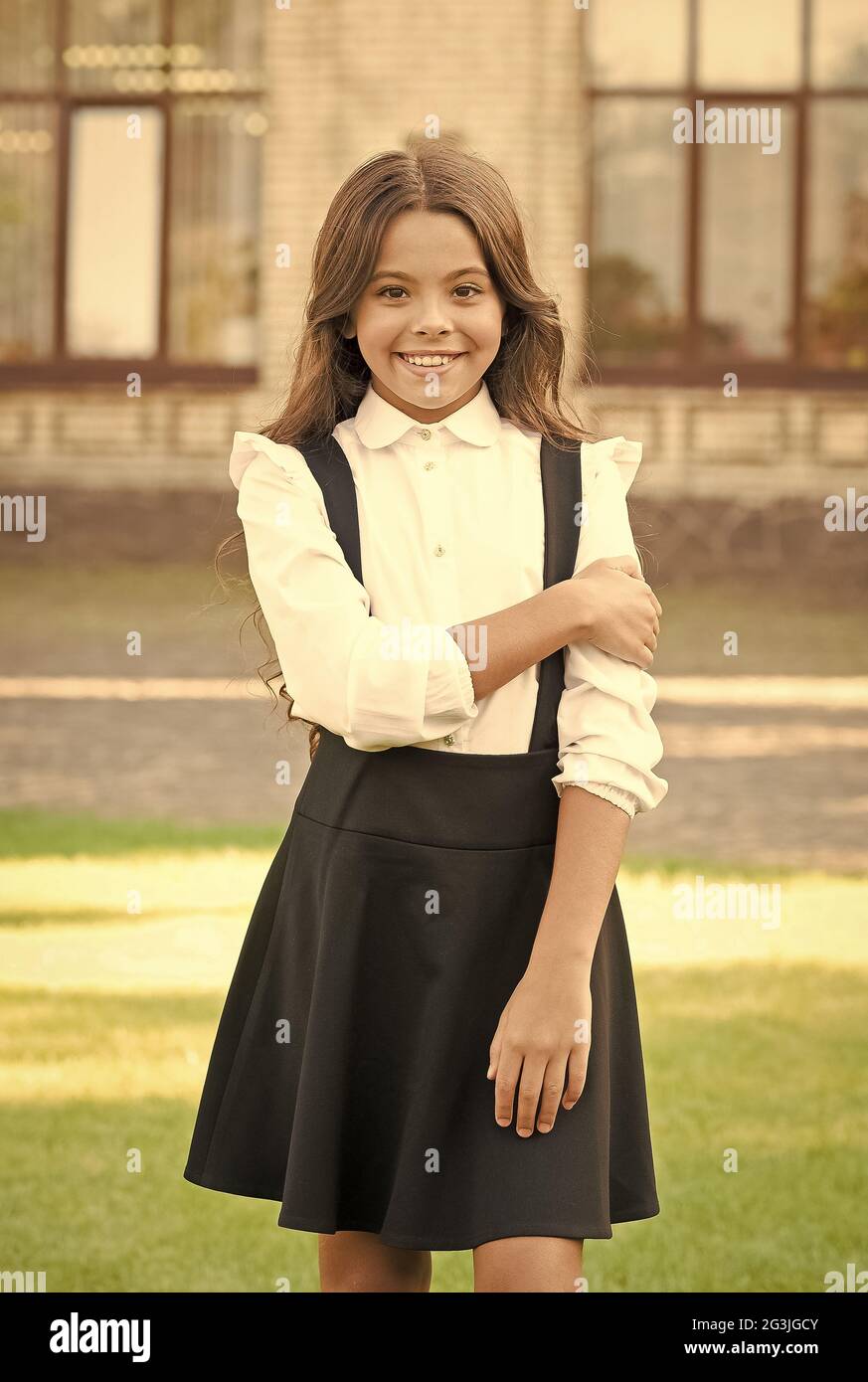 Classy since birth. child at school break. fashion and beauty. girl has ...