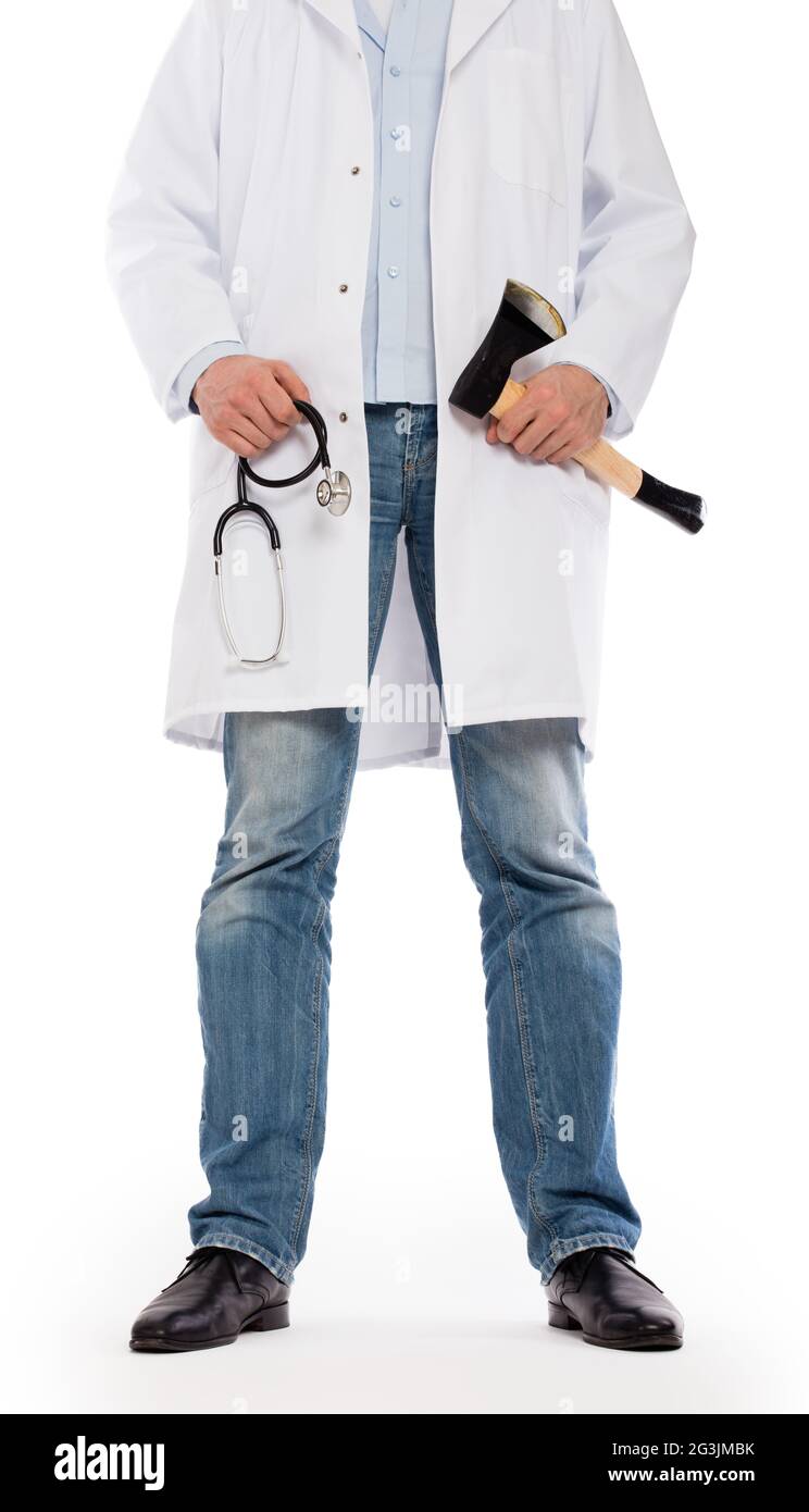 Evil medic holding a small axe Stock Photo - Alamy